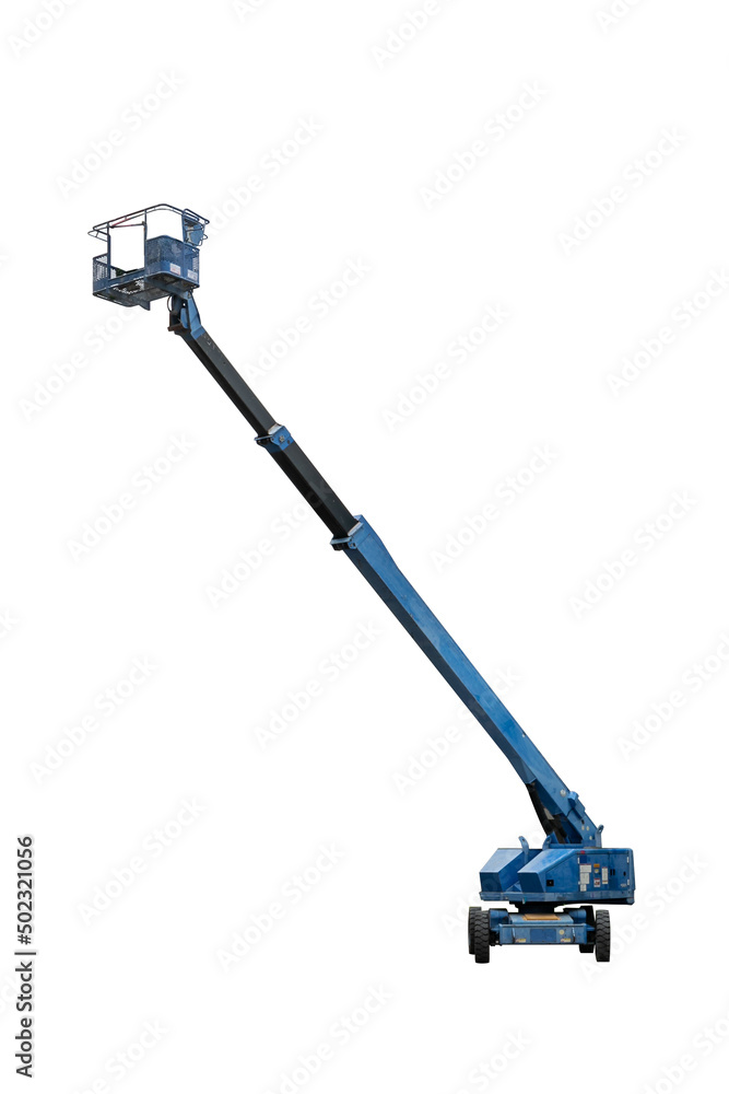workers are driving an blue articulated boom lift or hoisting a ...