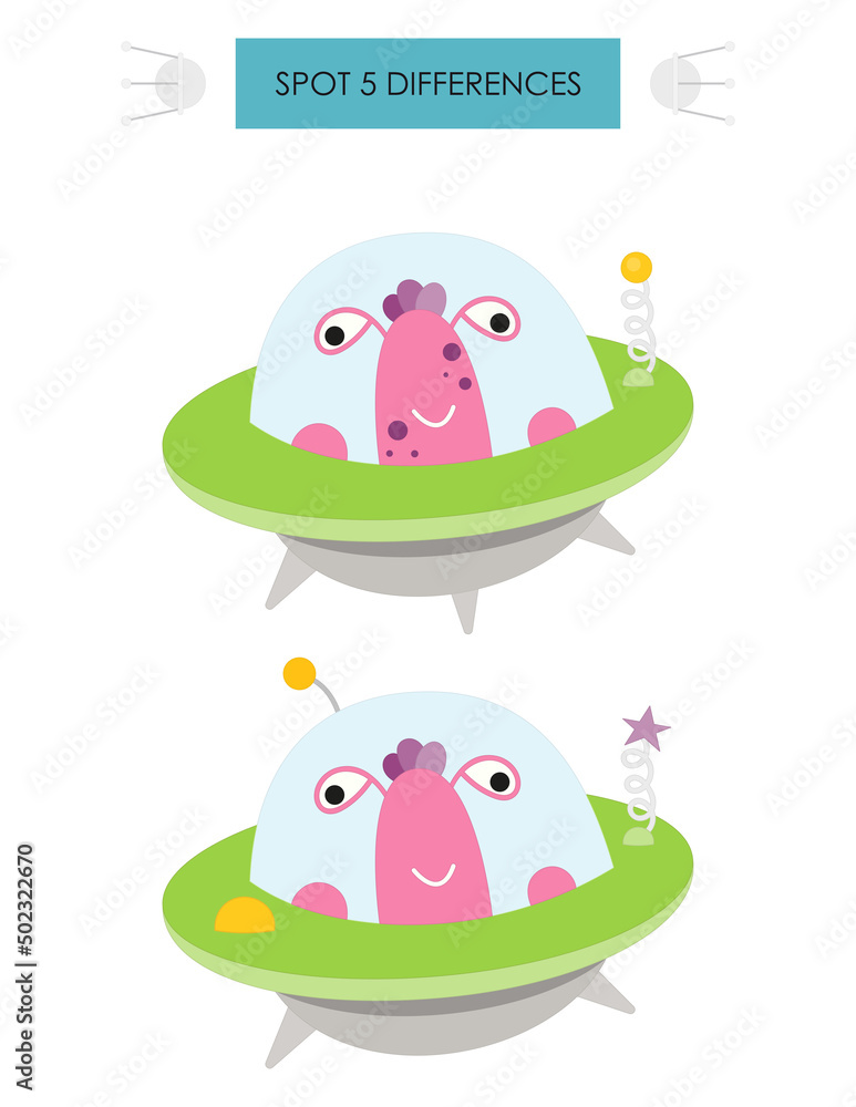 Space activities for kids. Spot 5 differences. Cute alien in spacecraft ...