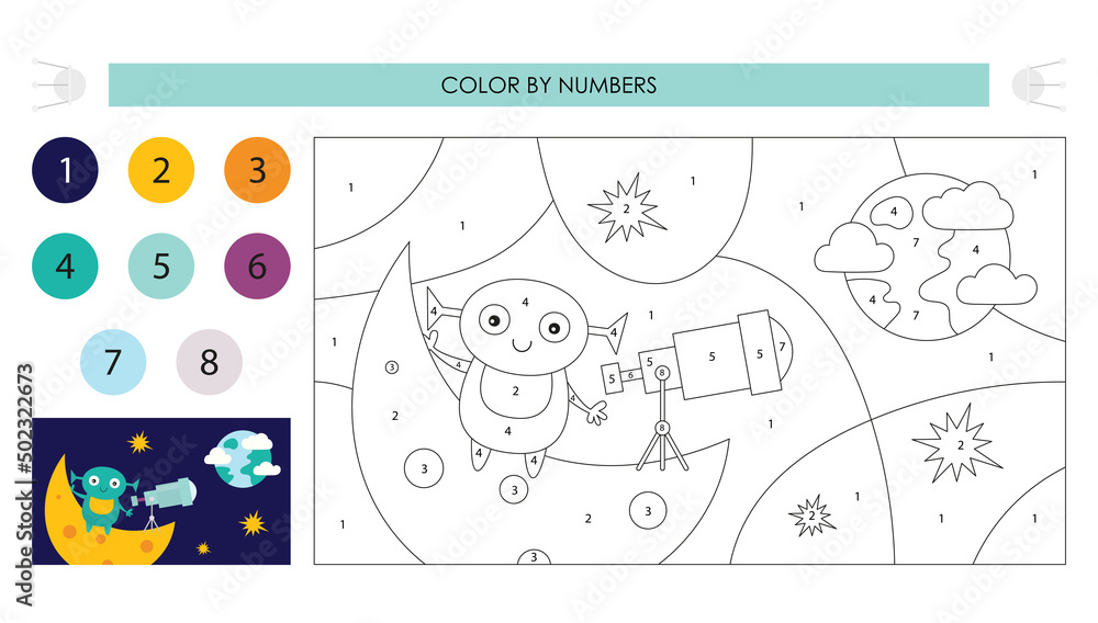 Space activities for kids. Color by numbers – cute alien and telescope ...