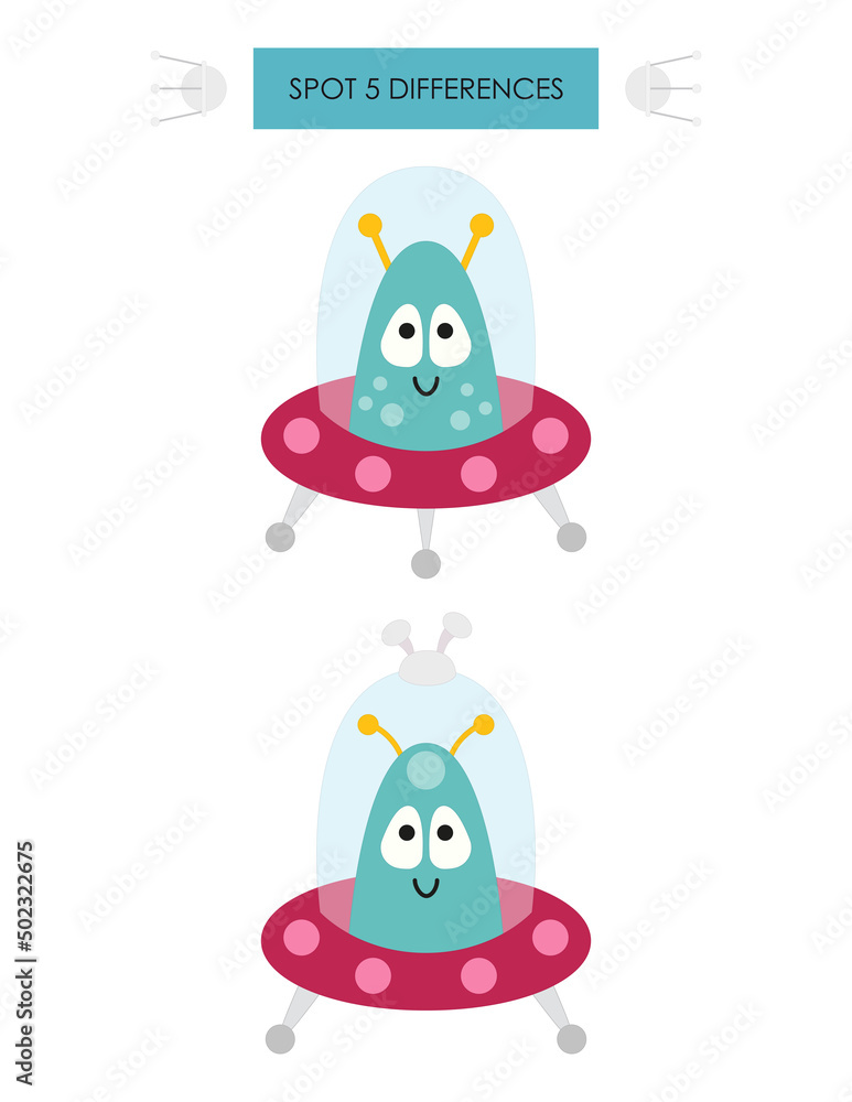 Space activities for kids. Spot 5 differences. Cute alien in flying ...
