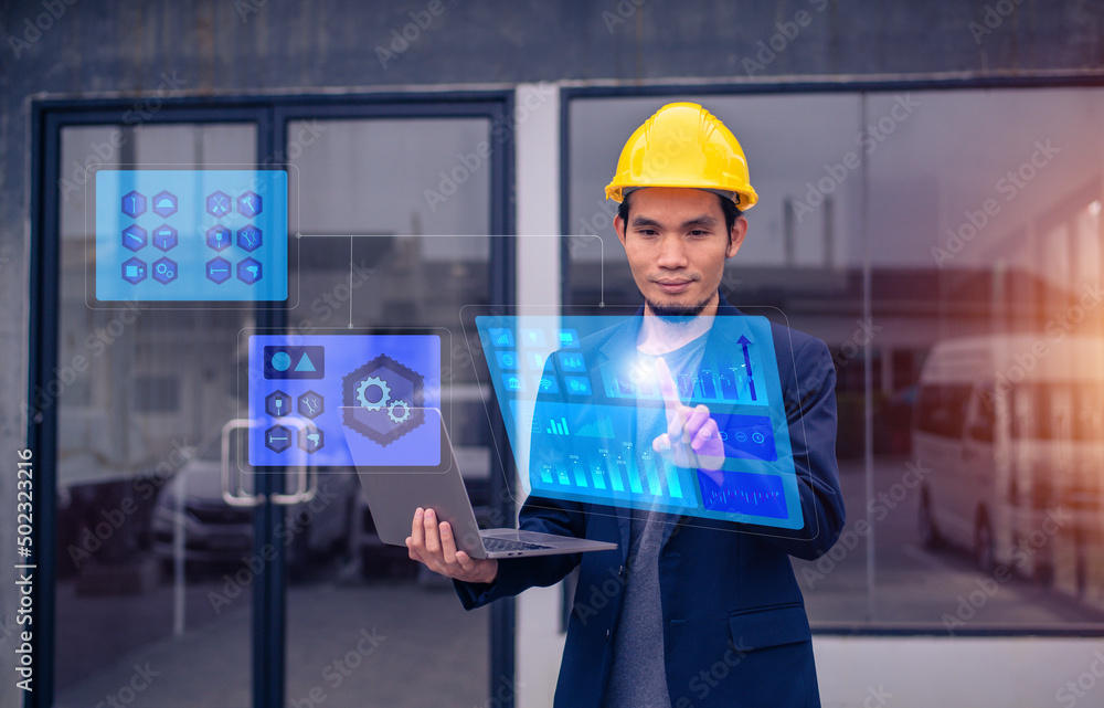 Engineer designer use technology visual screen looking data for design ...