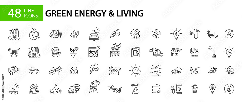 Green energy, ecology, climate change and sustainability icons set. 48 ...