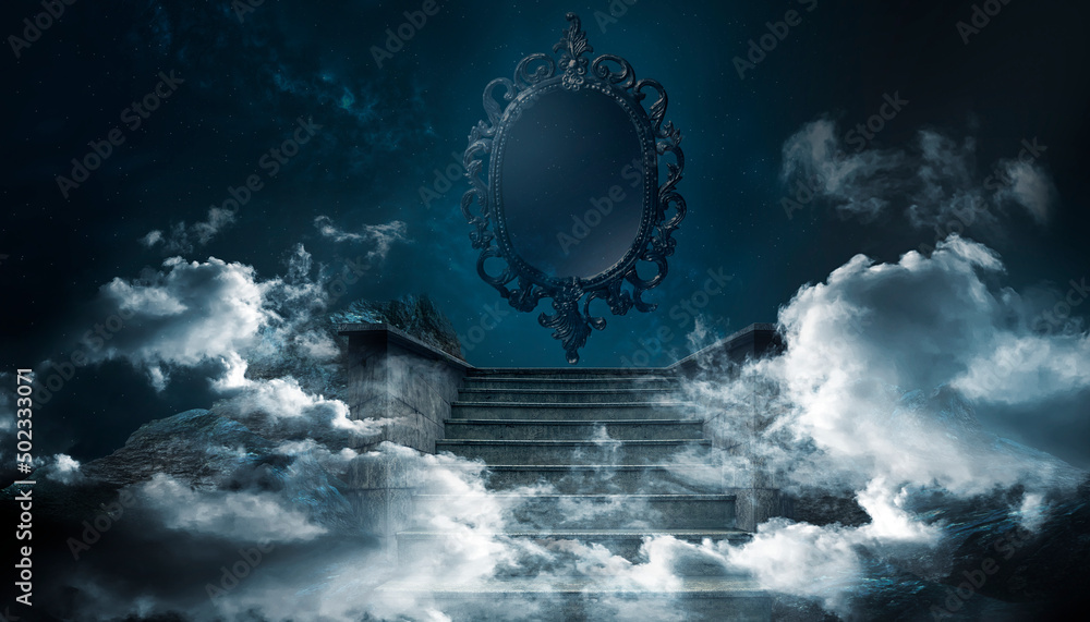 Staircase to the top, old magic mirror. Night dramatic scene with ...