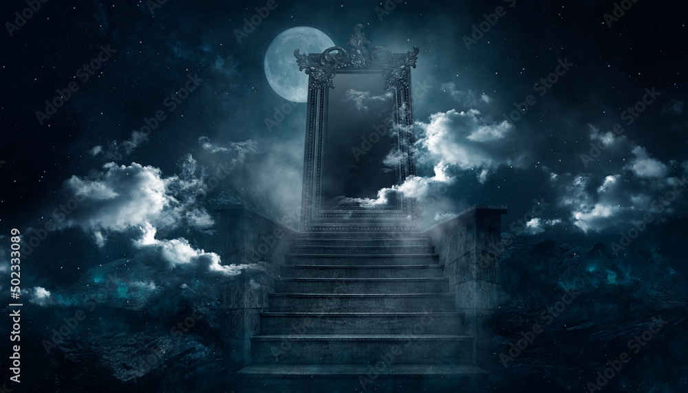Staircase to the top, old magic mirror. Night dramatic scene with ...