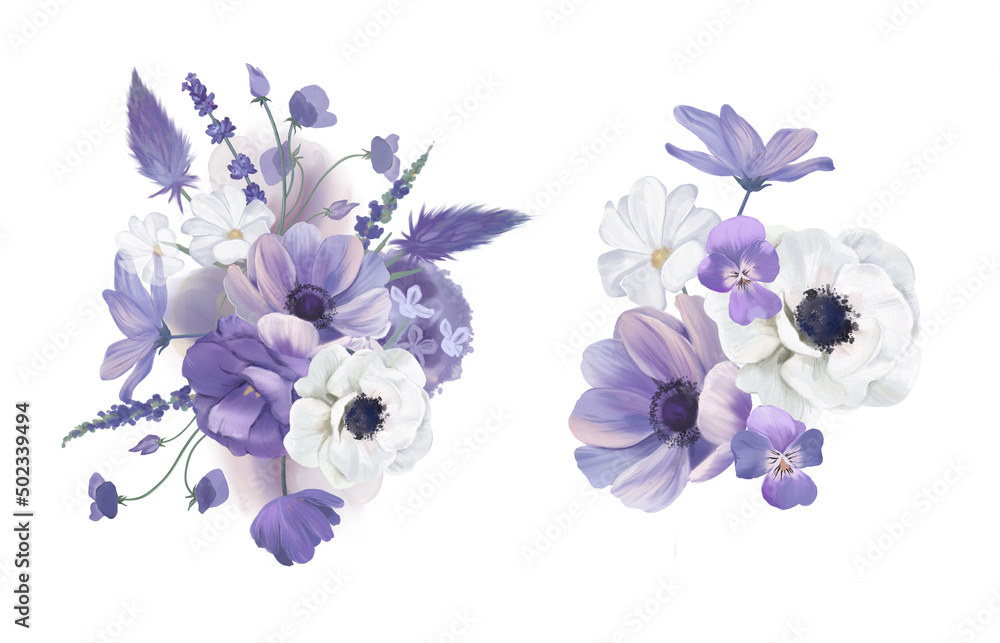 Purple watercolor flowers, bouquets isolated on white background Stock ...