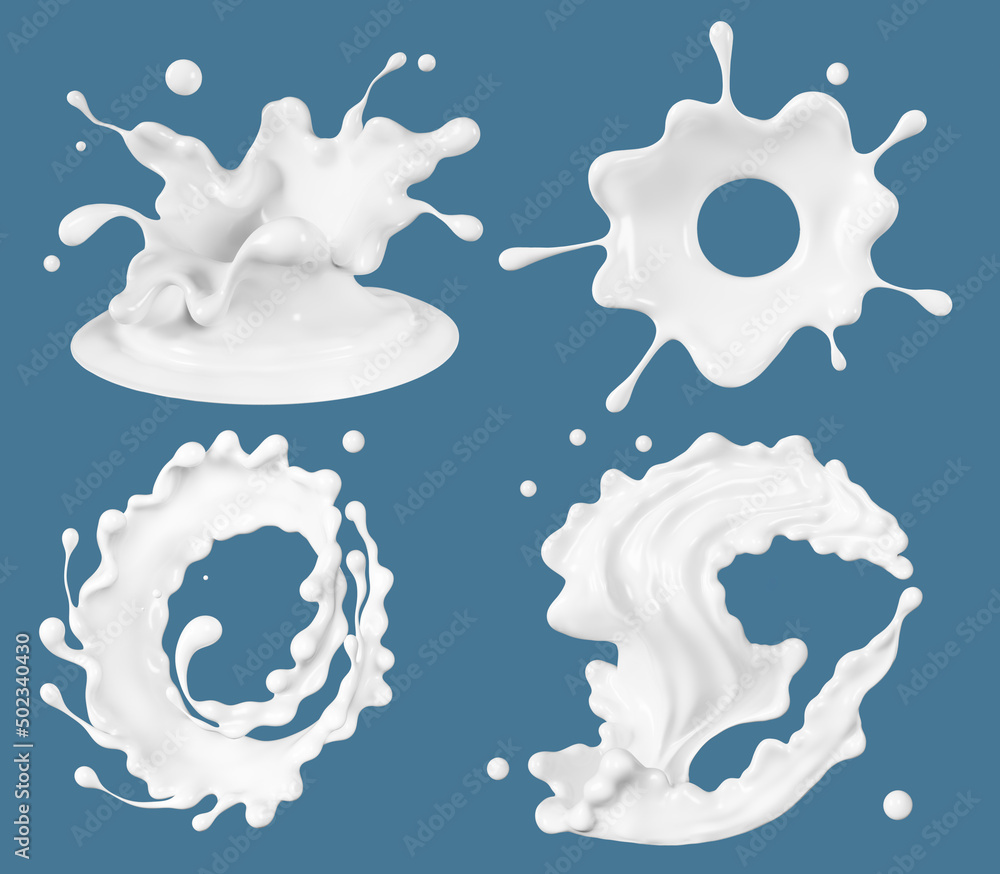 Milk or yogurt splash on blue background, set food illustration ...