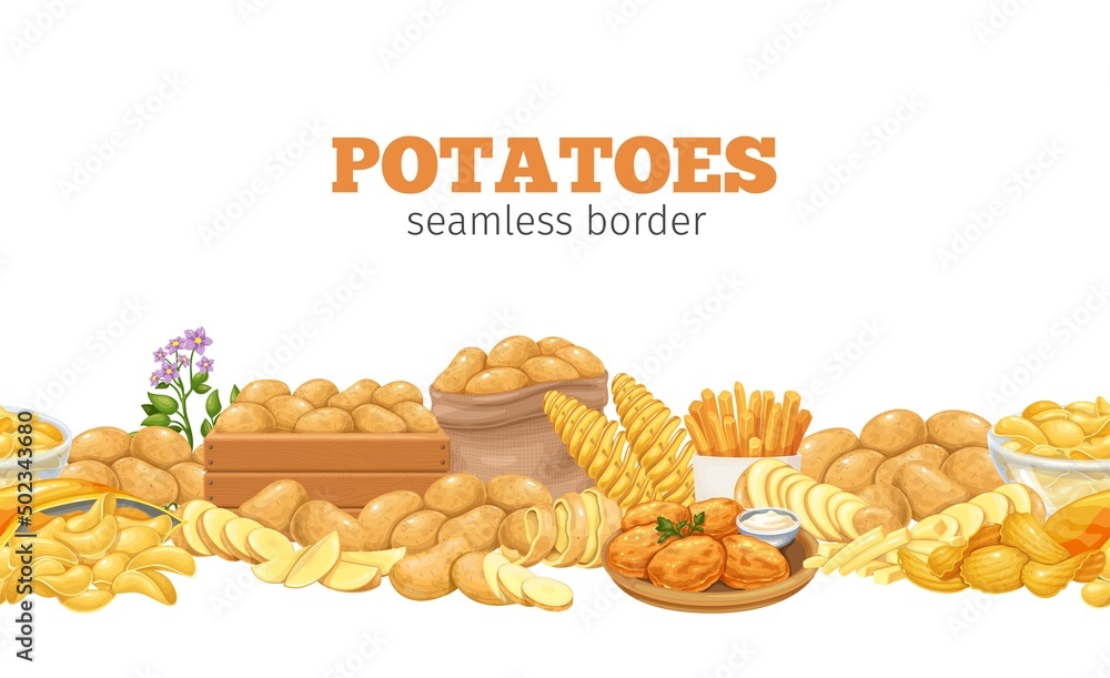 Potato products horizontal seamless frame border. Chips, pancakes ...