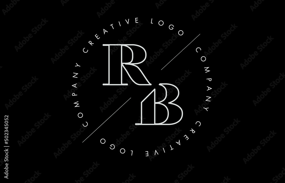 Outline RB r b letter logo with cut and intersected design and round frame on a black background ...