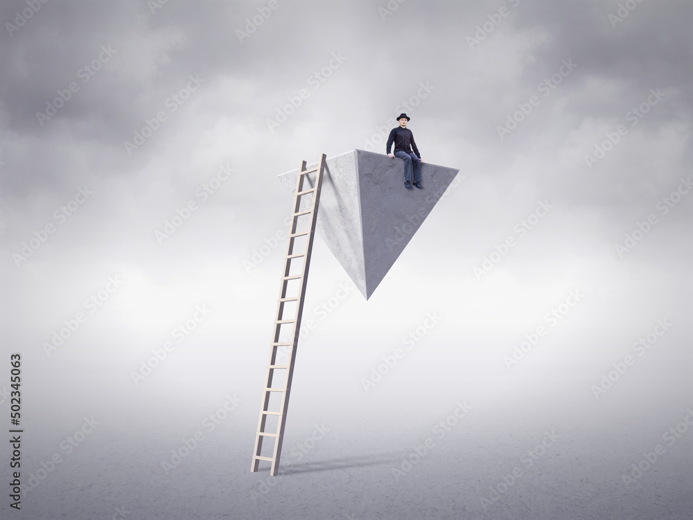 Man on top of a hanging pyramid, surreal concept. The man has achieved ...