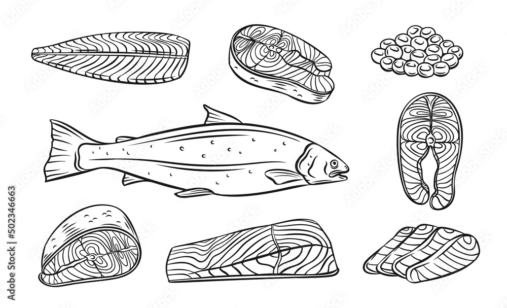 Salmon whole red fish, caviar, raw steaks and fillet realistic isolated ...