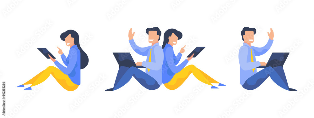 Sitting people set of diverse cartoon character isolated on white ...