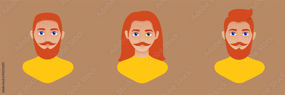 Young red-haired man with a beard and different hairstyles avatar ...