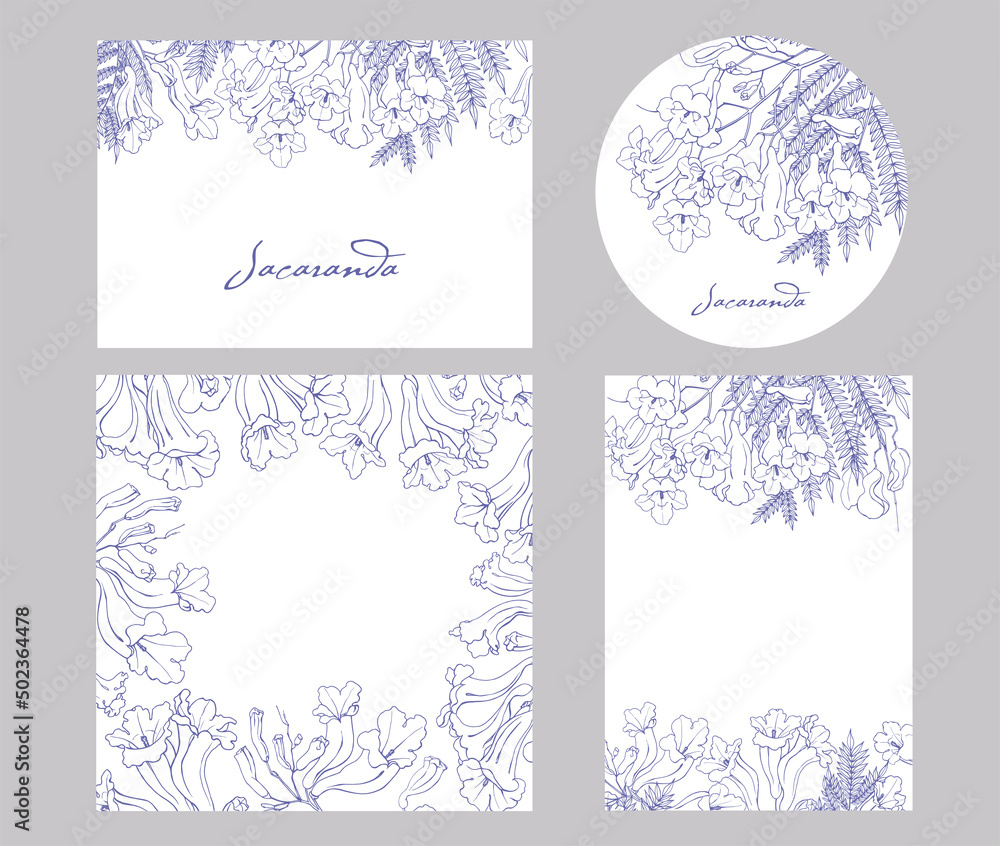 Holiday set of line art flowering Jacaranda tree. Frame and background ...