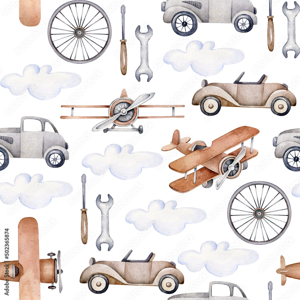 Car pattern.Retro cars.Retro aviation.Baby pattern for boys Stock ...