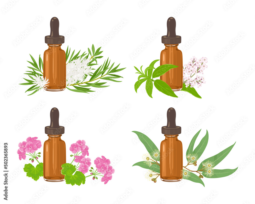 Collection of essential oil in amber glass dropper bottle isolated on ...