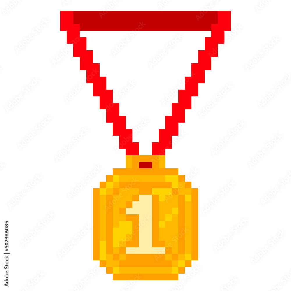 Pixel art golden medal with number one. Icon for 8bit game on white ...