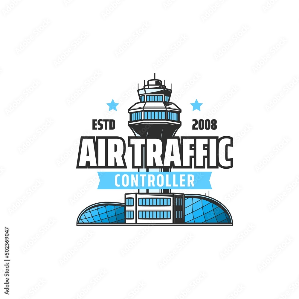 Air traffic control icon with vector tower and airport terminal ...