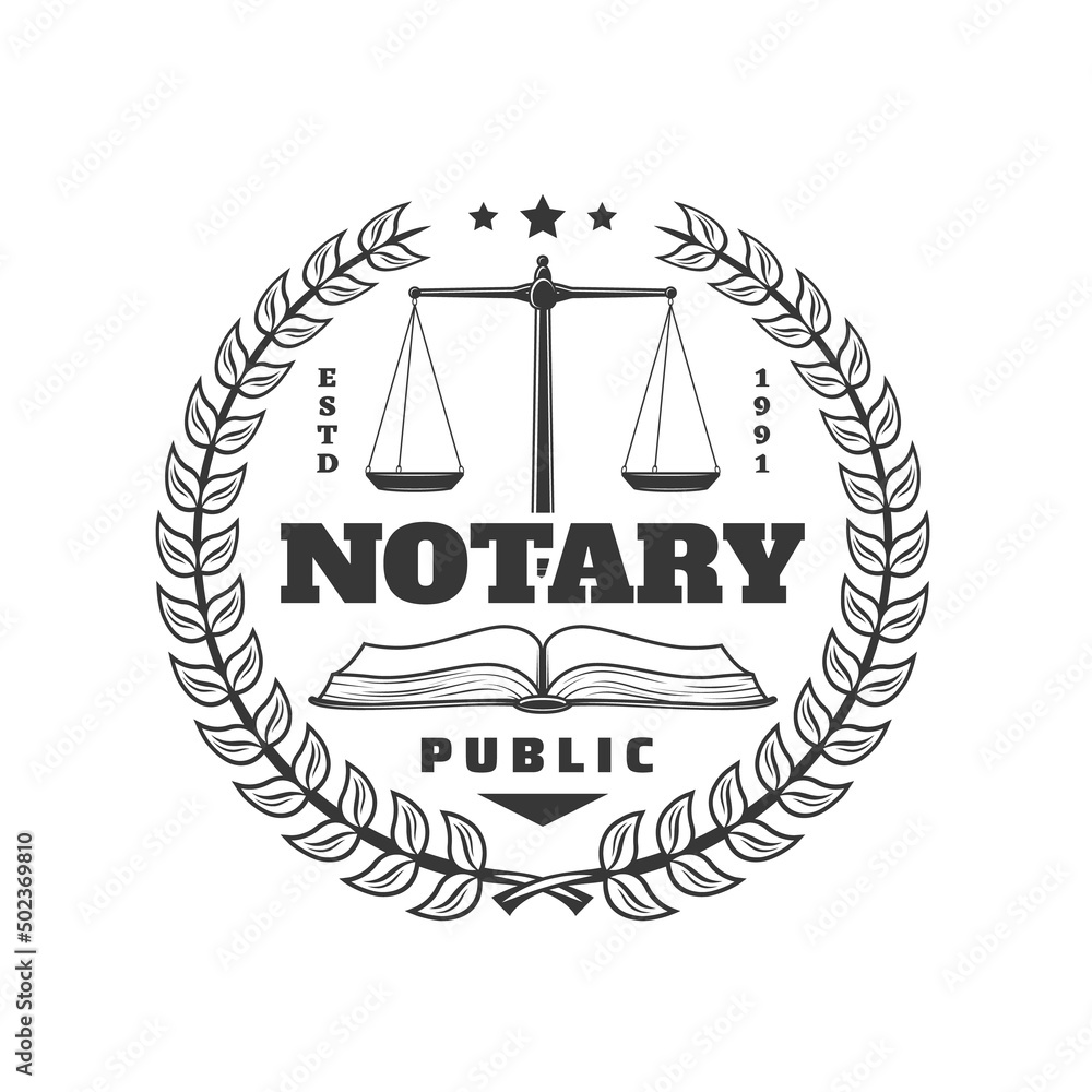 Public notary round icon with laurel wreath, opened book and scales of ...