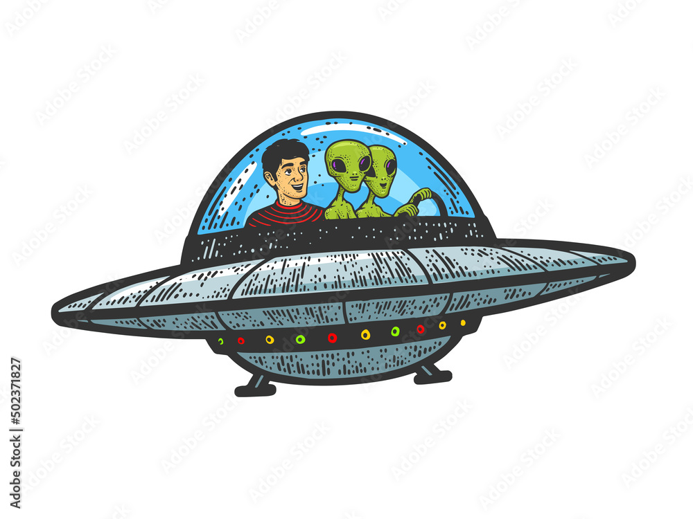 Vetor de man flies with aliens in UFO flying saucer line art color ...