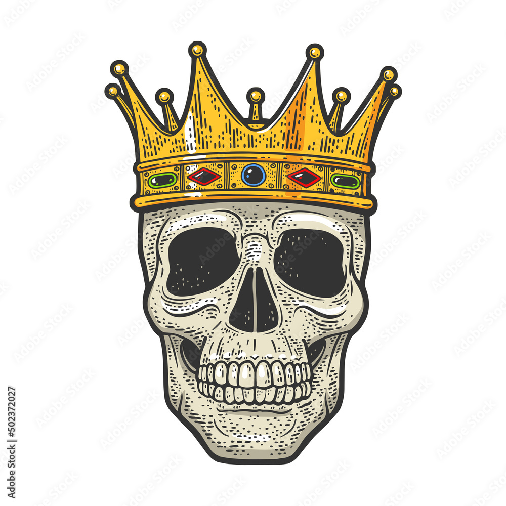 skull in crown tattoo color sketch engraving vector illustration. T ...