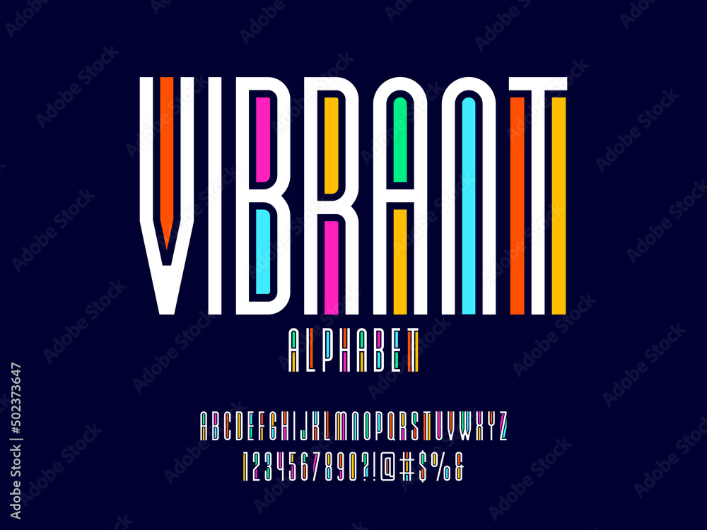 Colorful trendy style alphabet design with uppercase, numbers and ...