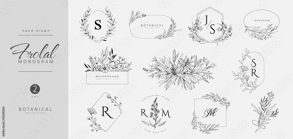 Set of wedding monogram, botanical floral branch and logo. Hand drawn ...