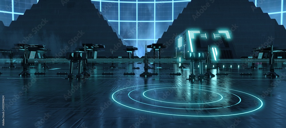 Futuristic cyber city in blue neon lights. Wet black road with ...