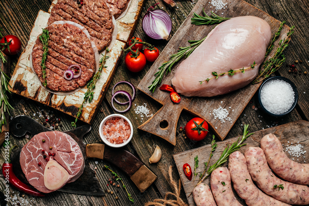 Raw meat products, different parts of the body. minced beef meat kebabs ...