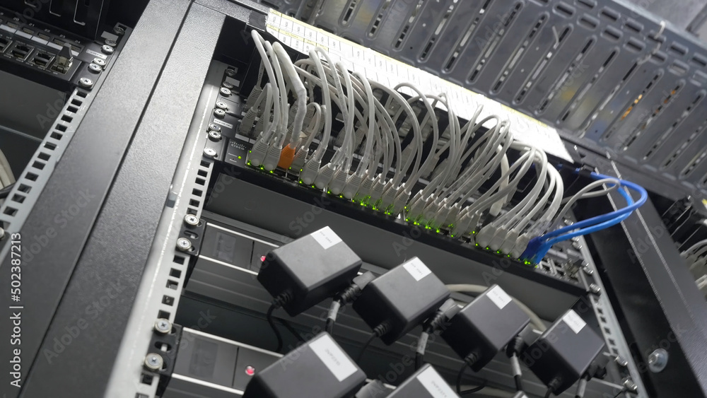 Storage servers are located in the server room of the data center. Back ...