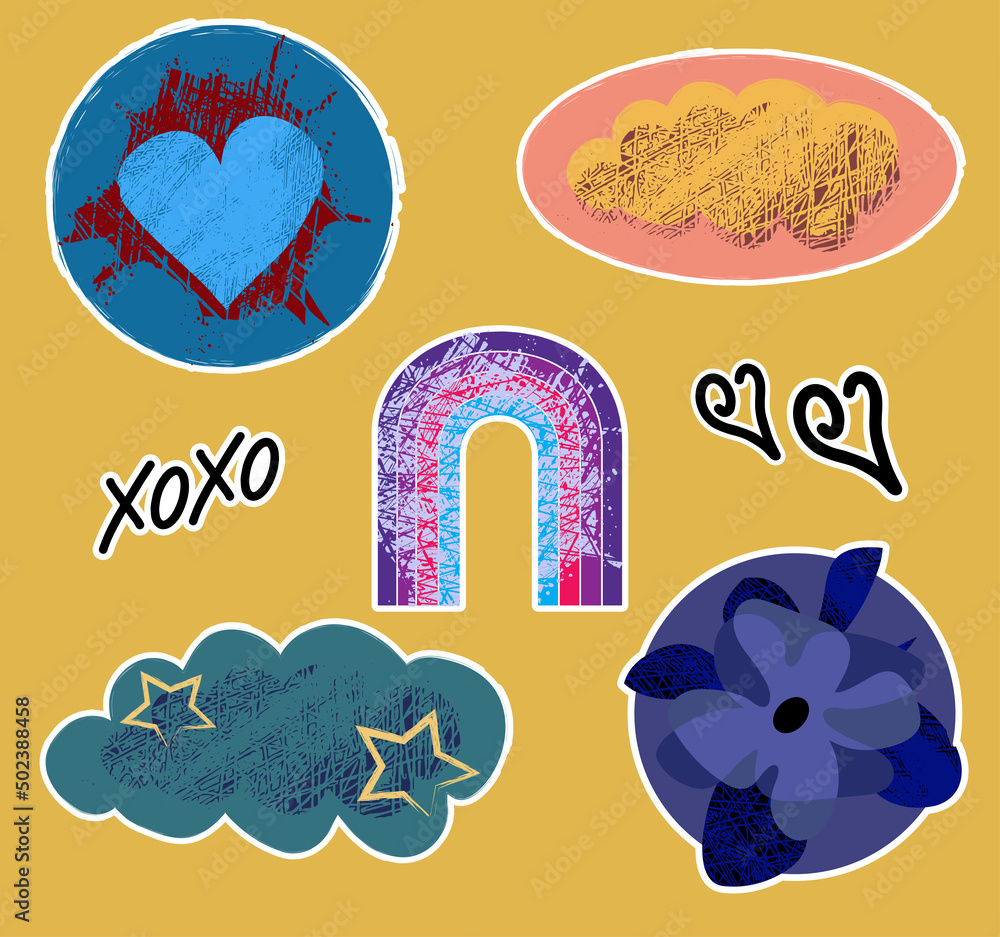 Collection of whimsical kidcore style illustrations. Grunge style ...