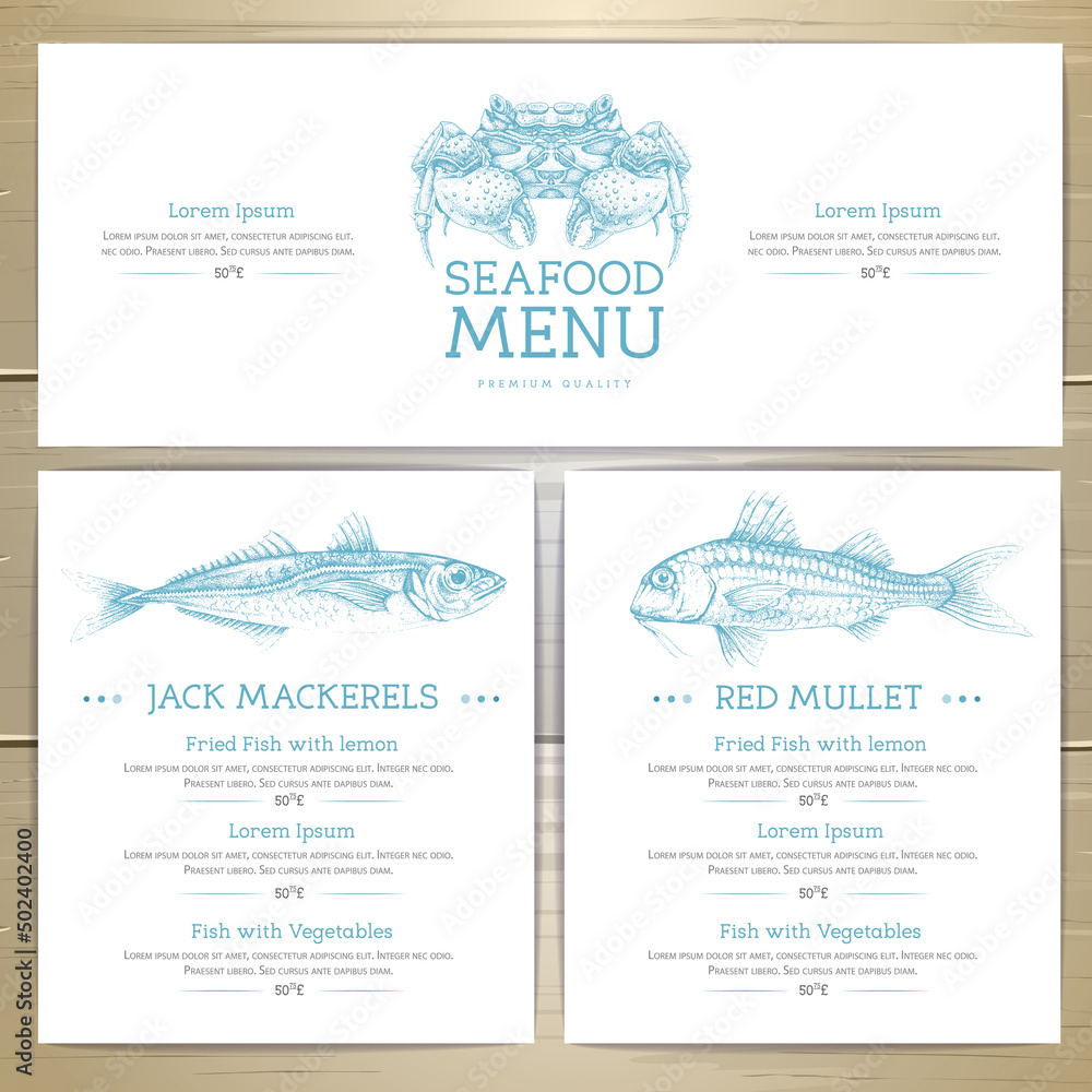 Seafood restaurant menu design with hand drawing fish. Vector ...