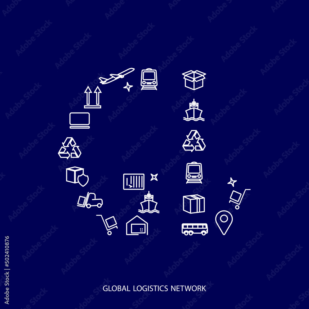 Global logistics network in blue. Letters G and L from logistics icons ...