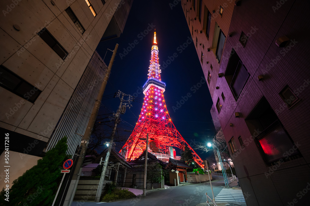 TOKYO, JAPAN -Jan 2, 2020, view from base of the Tokyo tower at night ...
