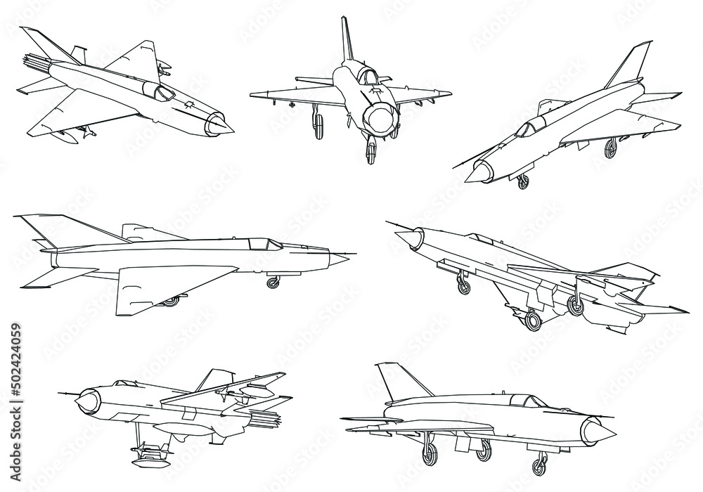 Military fighter jet icon in outline style isolated on white background ...