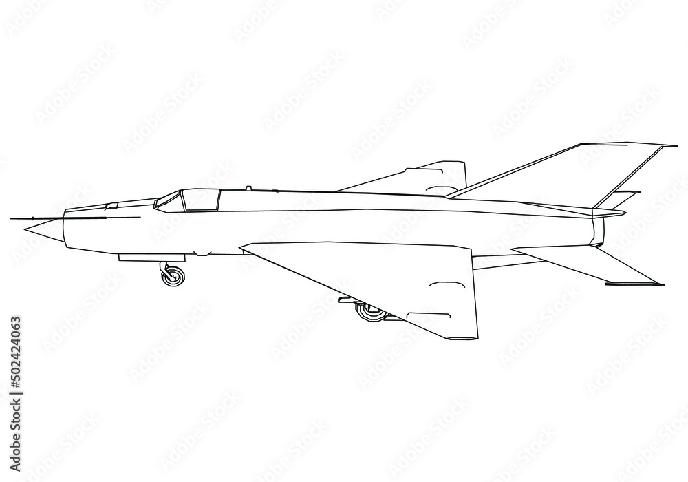 Military fighter jet icon in outline style isolated on white background ...