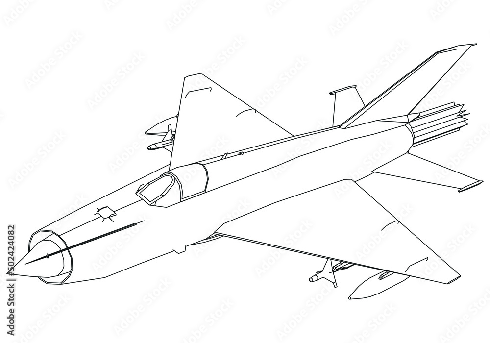 Military fighter jet icon in outline style isolated on white background ...