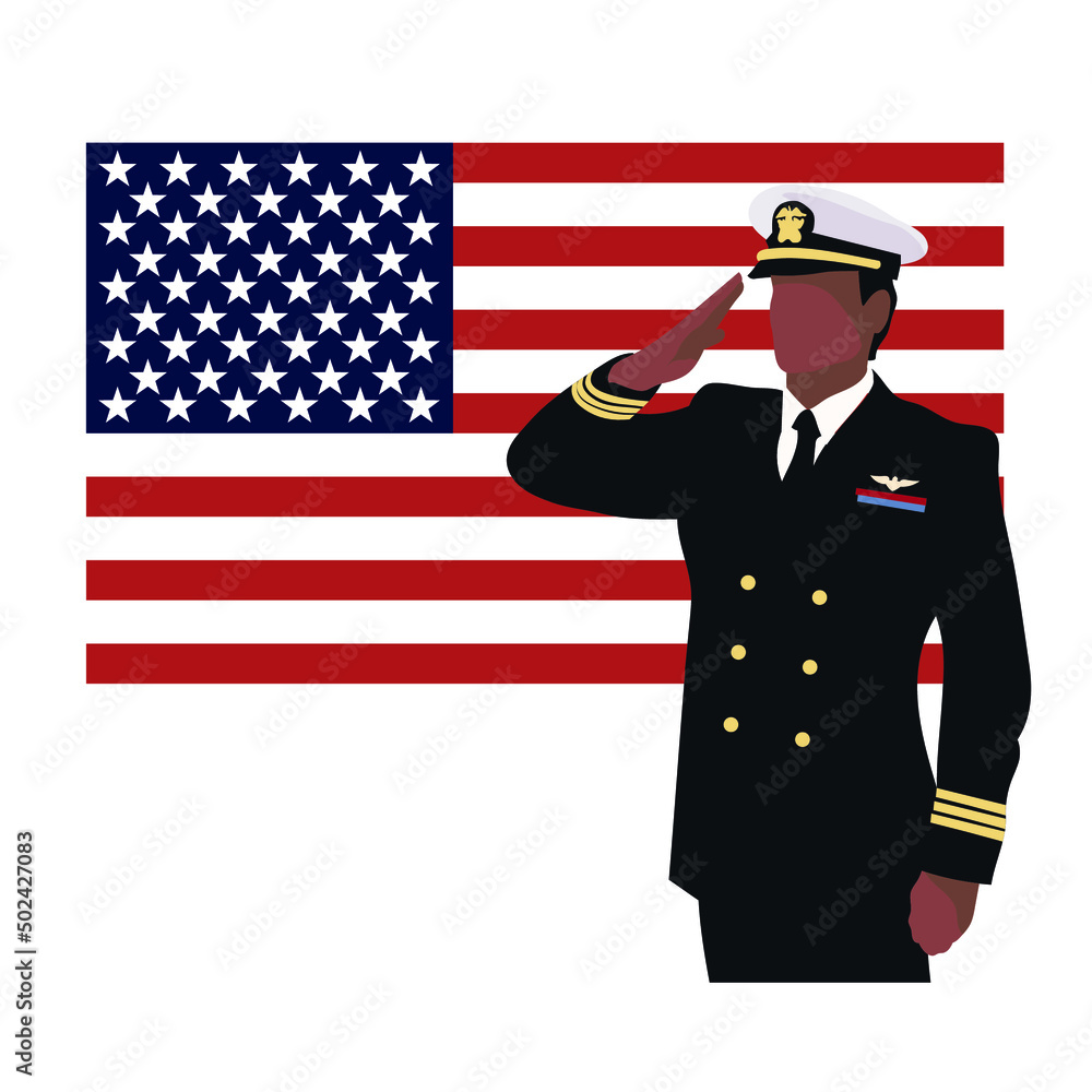 Vertical vector illustration of an officer saluting in front of the US ...