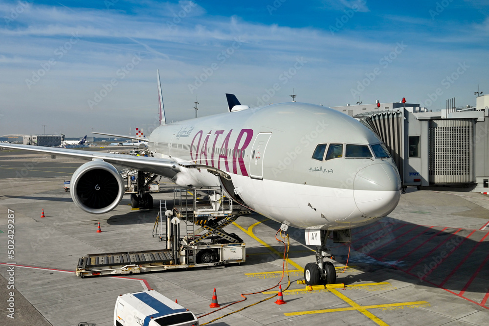 Frankfurt, Germany - April 2022: Hydraulic air freight loader alongside ...