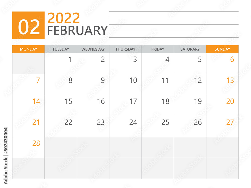February 2022 template, Calendar planner 2022, week start on Monday ...