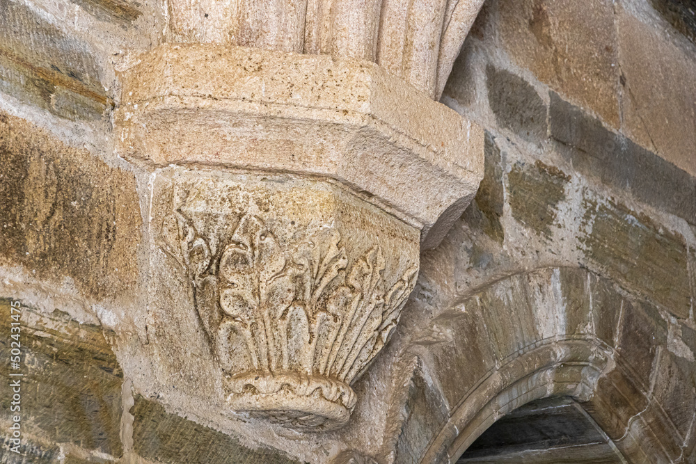 Detailed Romanesque corbels in the medieval chapterhouse of the ...