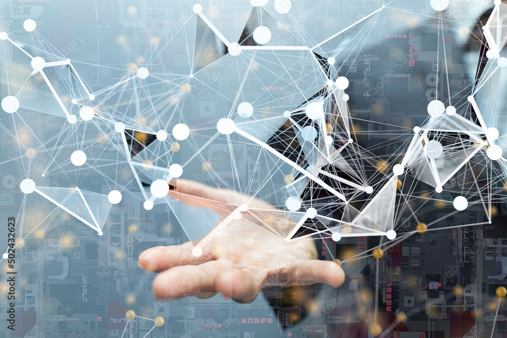 Global network. Blockchain. 3D illustration. Neural networks and ...