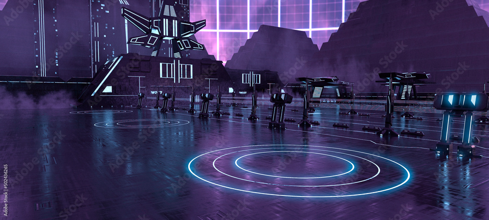 Futuristic cyber city in blue purple neon lights against light grid sky ...