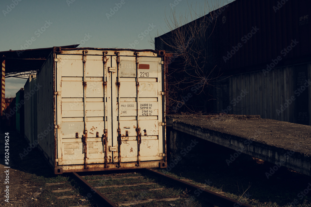Railroad, freight containers in the port on the railroad. cargo sorting ...