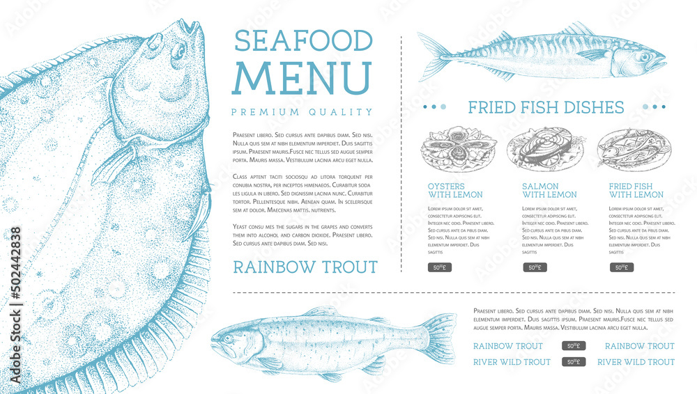 Seafood restaurant menu design with hand drawing fish. Vector ...
