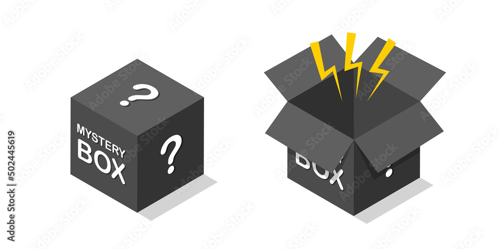 Closed and open mystery black box isometric icon. Secret prezent. Lucky ...