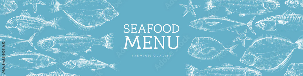 Seafood menu cover design with different kinds of fish. Vector ...