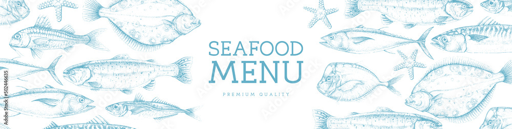 Seafood menu cover design with different kinds of fish. Vector ...