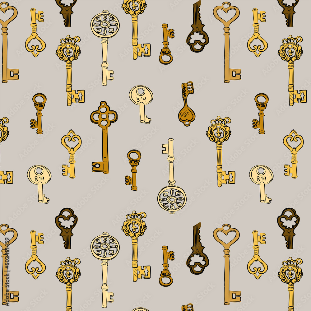 Vintage keys, bronze, gold, silver. Drawing on a transparent background ...