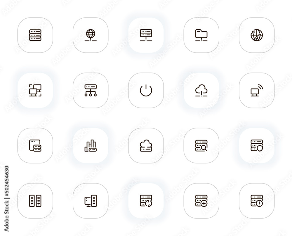 Servers and databases line icons set. Computer, network, hosting, cloud storage and other ...