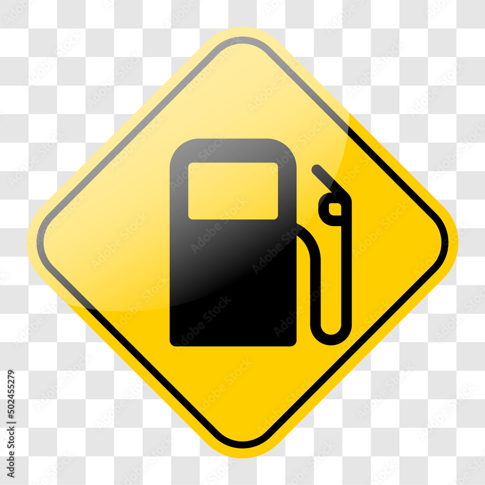 Fuel pump petrol symbol. Gas station black icon on yellow street road ...